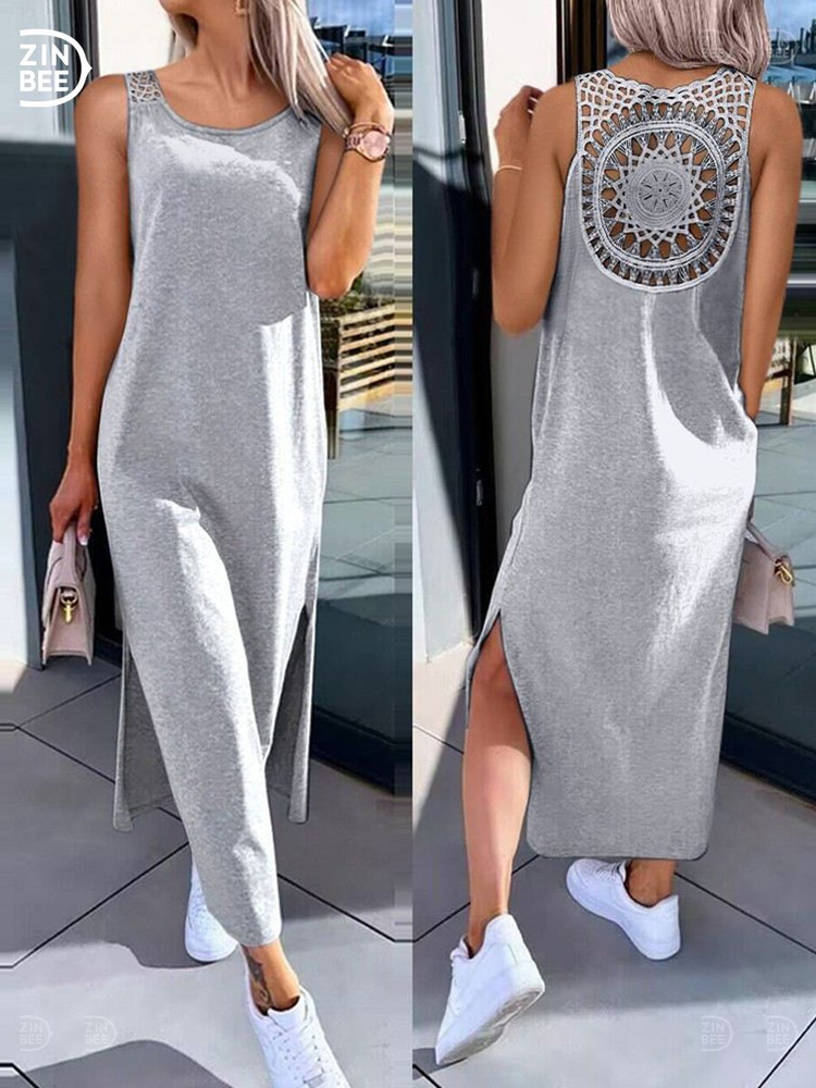 Платье Женский ZinBee серый Повседневный Без рукавов Полиэфирное волокно Открытая спина, размер ...