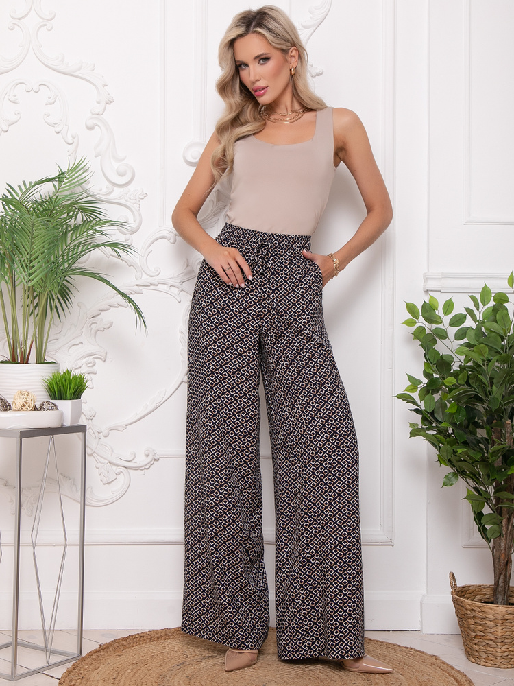 Брюки Женский BELLMELODY широкие, палаццо черный Штапель Повседневный, размер 48 Завязки ...