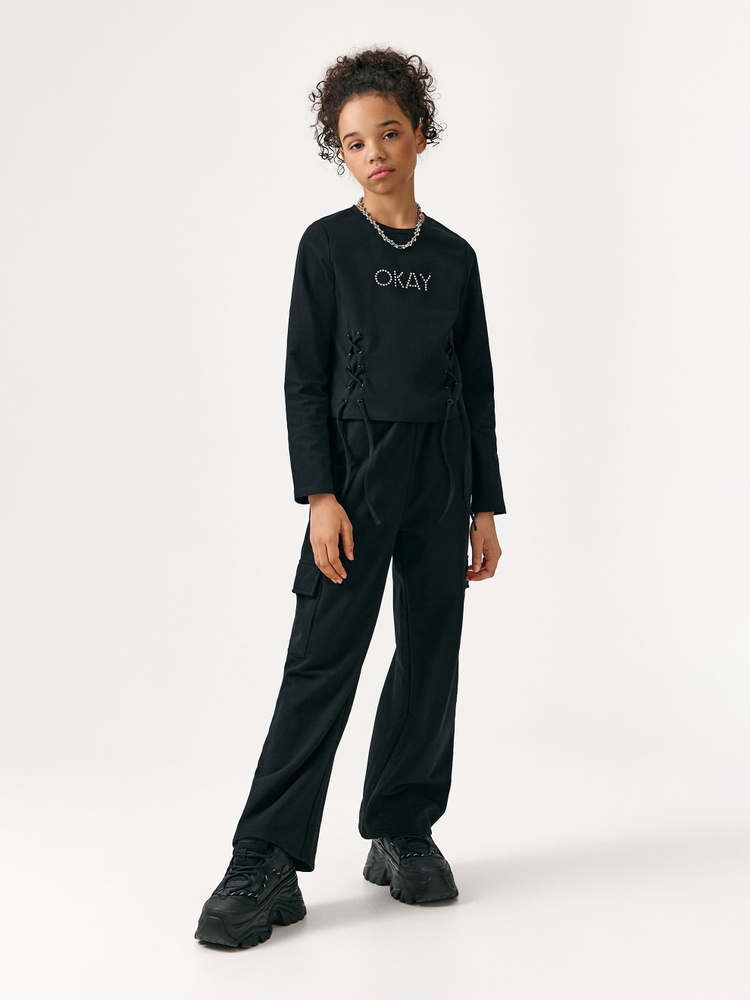 Брюки Девочки Acoola карго, прямые черный каменный Трикотаж, Хлопок Спортивный, размер 164 ...