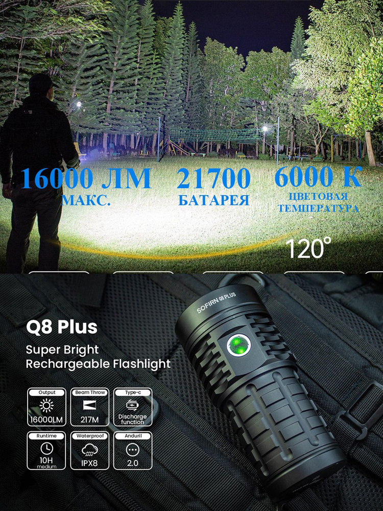 Sofirn Q8 Plus 6000K XHP50D сверхмощный светодиодный фонарь 16000ЛМ USB ...