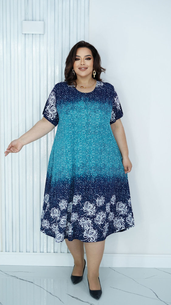 Платье Женский Assorti-moda синий, бирюзовый прямое Короткий Поливискоза, размер 64 Без застежки ...