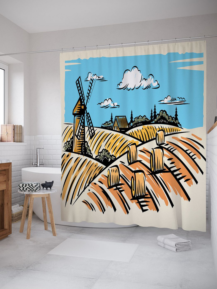 Штора для ванной 200x180 см JoyArty поле, луг, день, солнце, природа, пейзаж, ночь, лес, вид ...