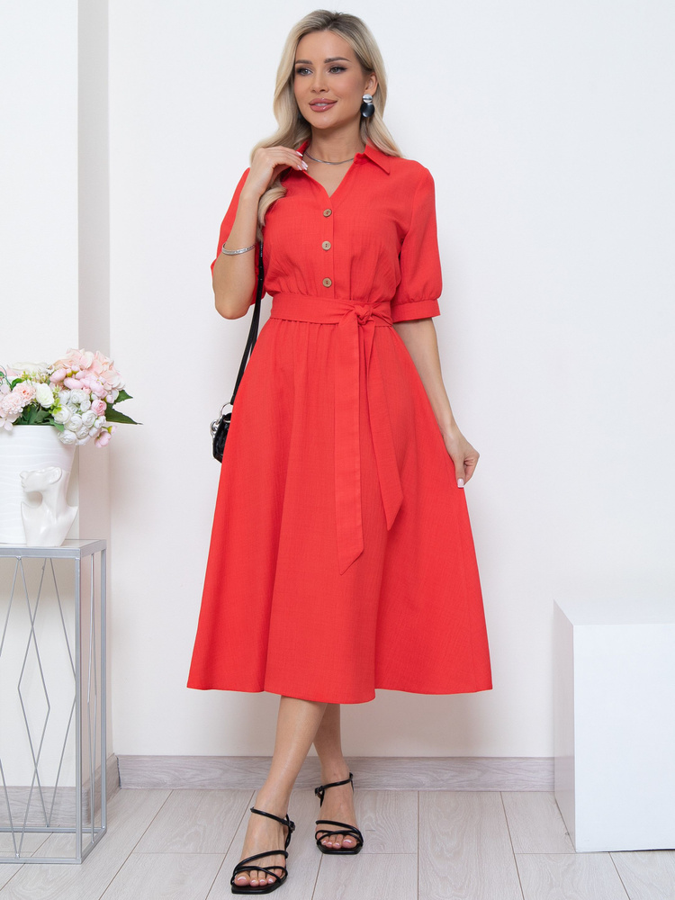 Платье Женский BELLMELODY глубокий коралловый платье-рубашка Повседневный Средний Текстиль Пояс ...