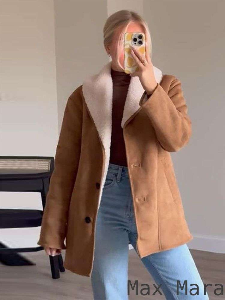 Куртка Женский Max Mara Манжеты, Воротник коричневый V-образный Политекс, размер 40 Длинный ...