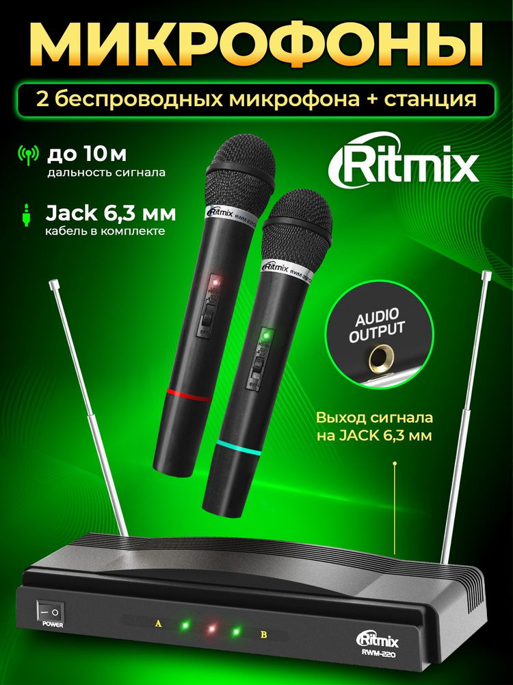 Беспроводная микрофонная система для ведущих 2 микрофона Ritmix RWM-220 вокальная радиосистема ...