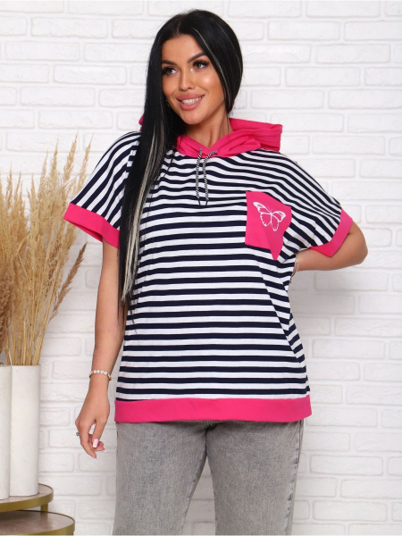 Футболка Женский GENJO светло-розовый Короткий, размер 48 Хлопок Полоска оверсайз Бант, Карманы ...