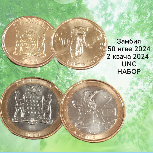 Замбия. Монеты 50 нгве, 2 квача 2024 год Набор 2 штуки UNC купить на ...