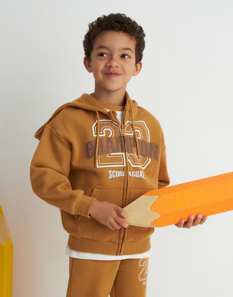 Толстовка Мальчики Gloria Jeans Капюшон, Карманы горчичный Молния Футер, размер 98, 104 оверсайз ...