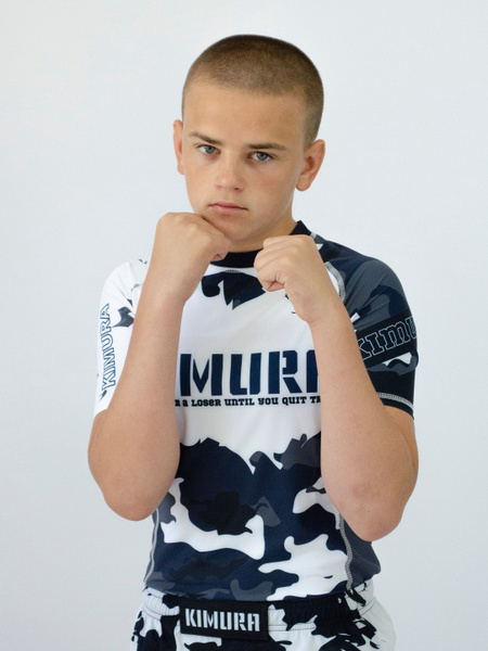 Рашгард Мальчики Kimura серый, белый Короткий, размер 164 Бифлекс Швы наружу Бокс, Боевые ...