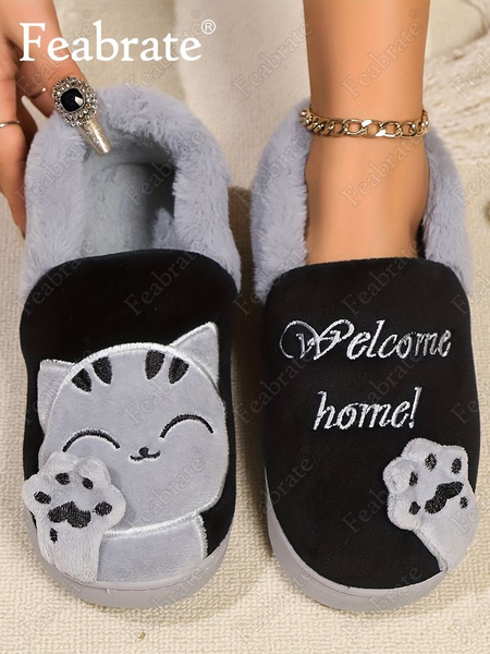 Тапочки Женский Feabrate, размер 34, 35 R (средняя) черный Круглый нос, Толстая подошва Зима ...