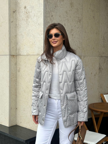 Куртка Женский Elfina Карманы, В рубчик светло-серый Полиэстер, размер 52 Длинный Демисезон ...