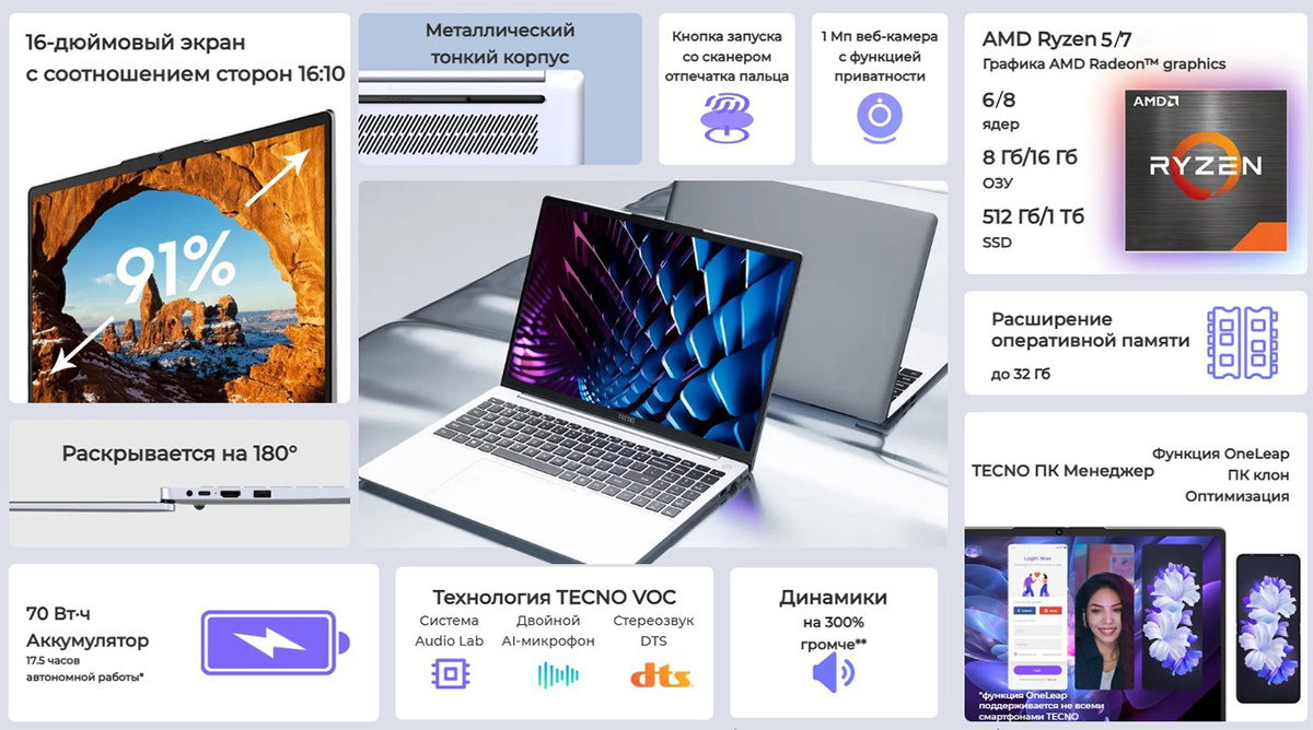 Ноутбук Tecno, 16, tecno_notebook, AMD Ryzen 5 7430U, 16 ГБ, AMD Radeon ...