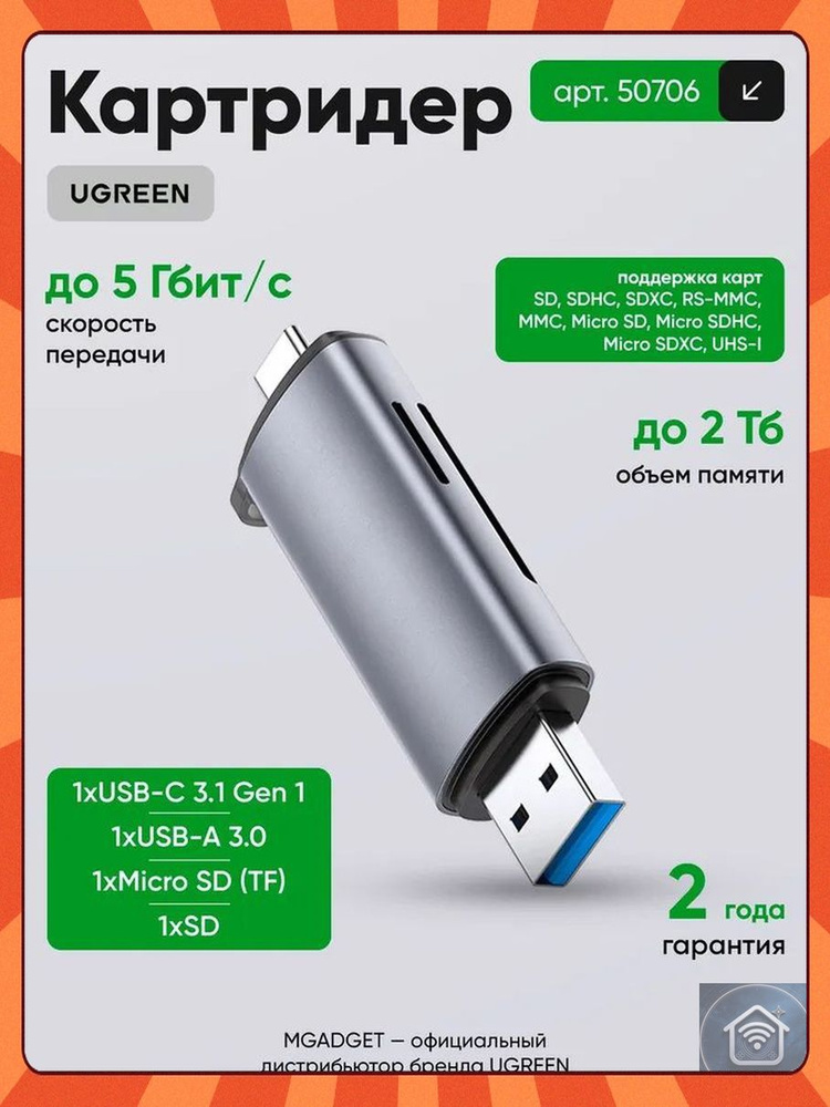 Картридер Micro SD (TF) + SD UGREEN CM185 (USB-A 3.0 + USB-C 3.1 Gen1 ...