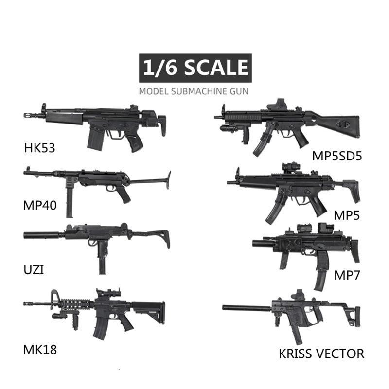 8pcs/set 1/6 Модель Мини-оружия MP40 UZI MP5 MP7 MP5SD5 KRISS HK53 MK18 ...