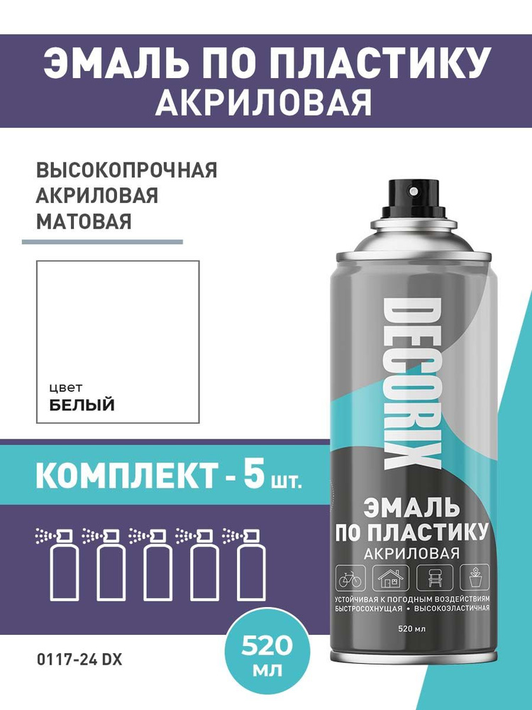 Краска для пластика белая матовая аэрозольная DECORIX - эмаль по пластику в баллончике 520 мл ...