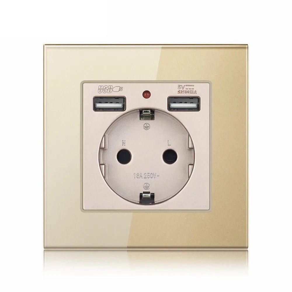 Розетка электрическая с Usb AA, 1 пост 16А, рамка 86х86 стекло,золото ...