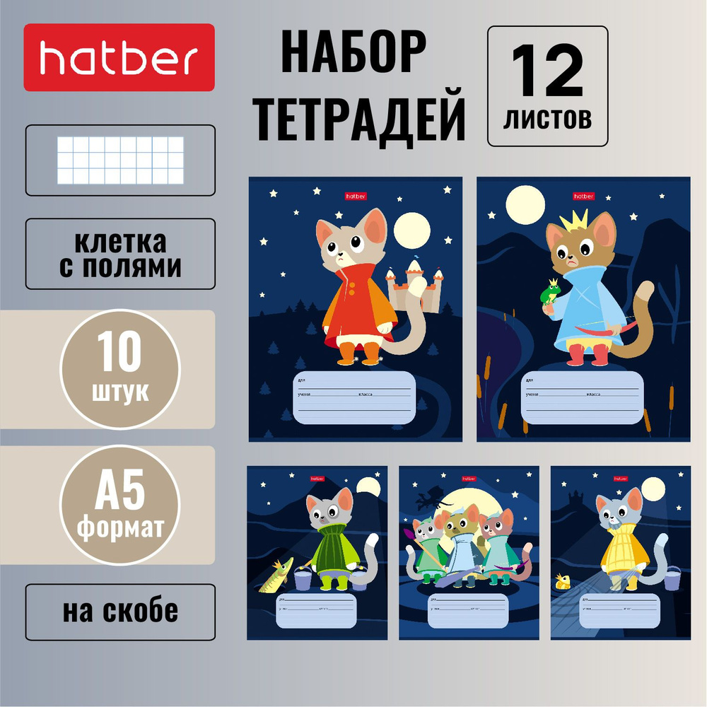 Набор тетрадей Hatber 12 листов, формата А5, в клетку, 65 г/кв. м, на скобе, 10 штук/5 дизайнов ...
