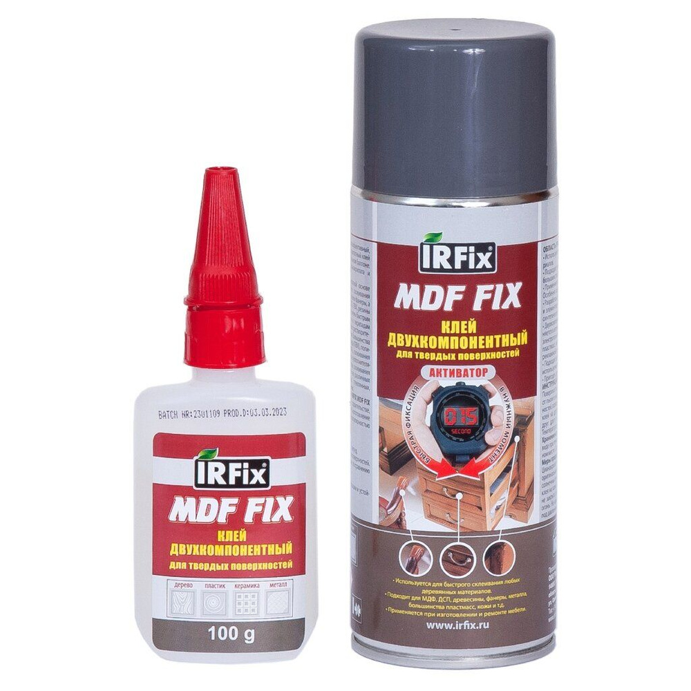 Клей цианакрилатный Irfix, MDF FIX, прозрачный, водостойкий, двухкомпонентный, 400 мл, 100 г ...