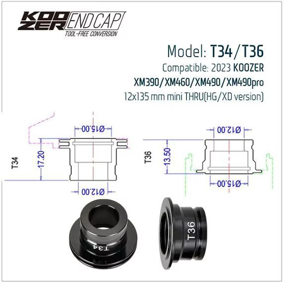 Колпачки Koozer T34+T36 для оси вместо эксцентрика 135х12х10 или 141х12х10 (mini THRU) для ...