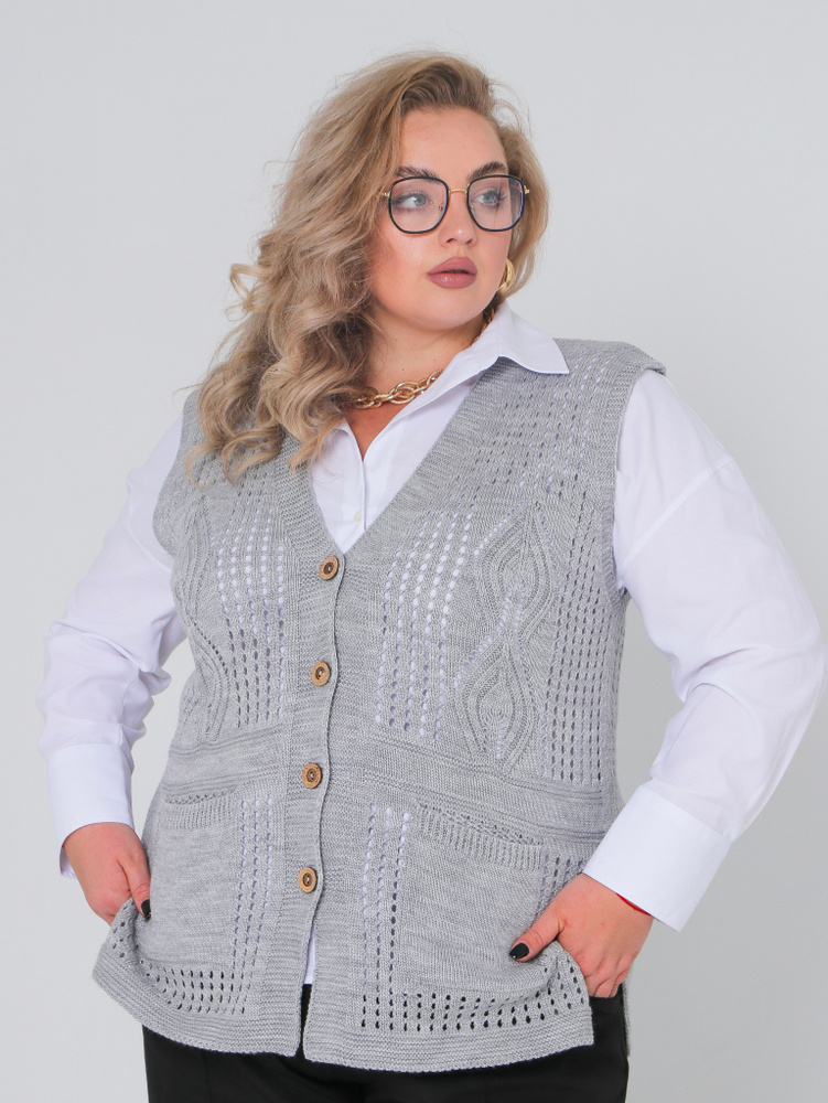 Жилет Женский SAFI&AMI Collection серый меланж, бело-серый Трикотаж, размер 50 Декоративные ...