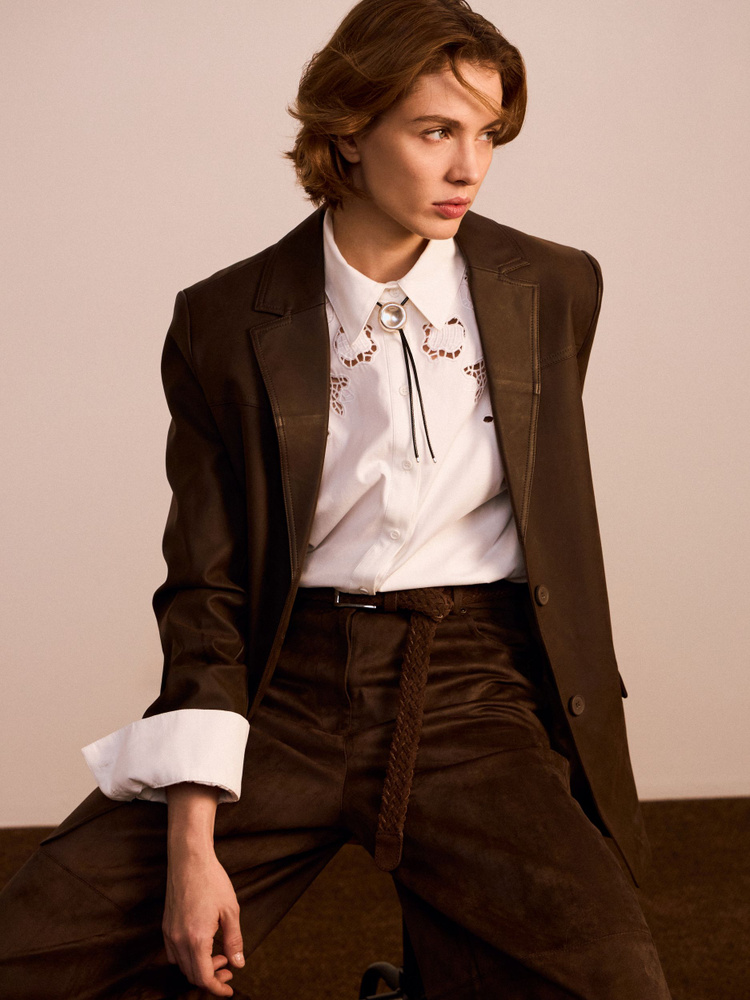 Пиджак Женский Zarina коричневый, размер 46 Искусственная кожа Карманы прямой Длинный ...