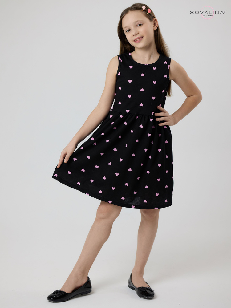 Сарафан Девочки SOVAlina черный, розовый в складку Повседневный Без рукавов Хлопок, Кулирная ...