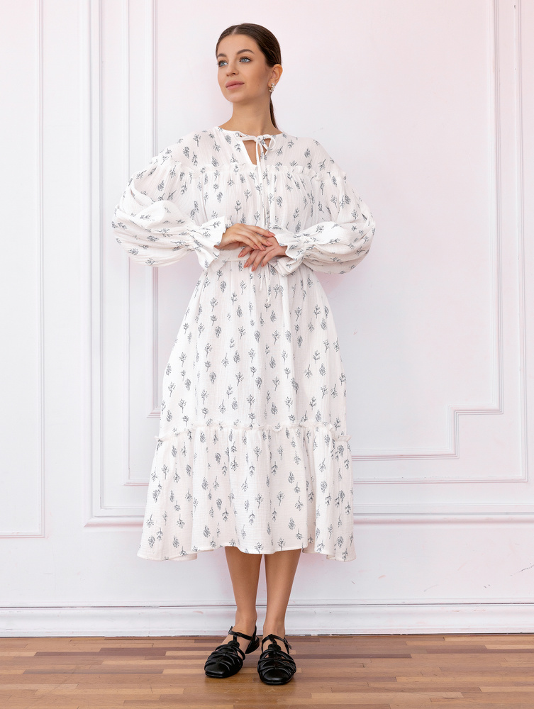 Платье Женский Cher-Neva белый прямое Повседневный Длинный Муслин, размер 42 Завязки оверсайз ...