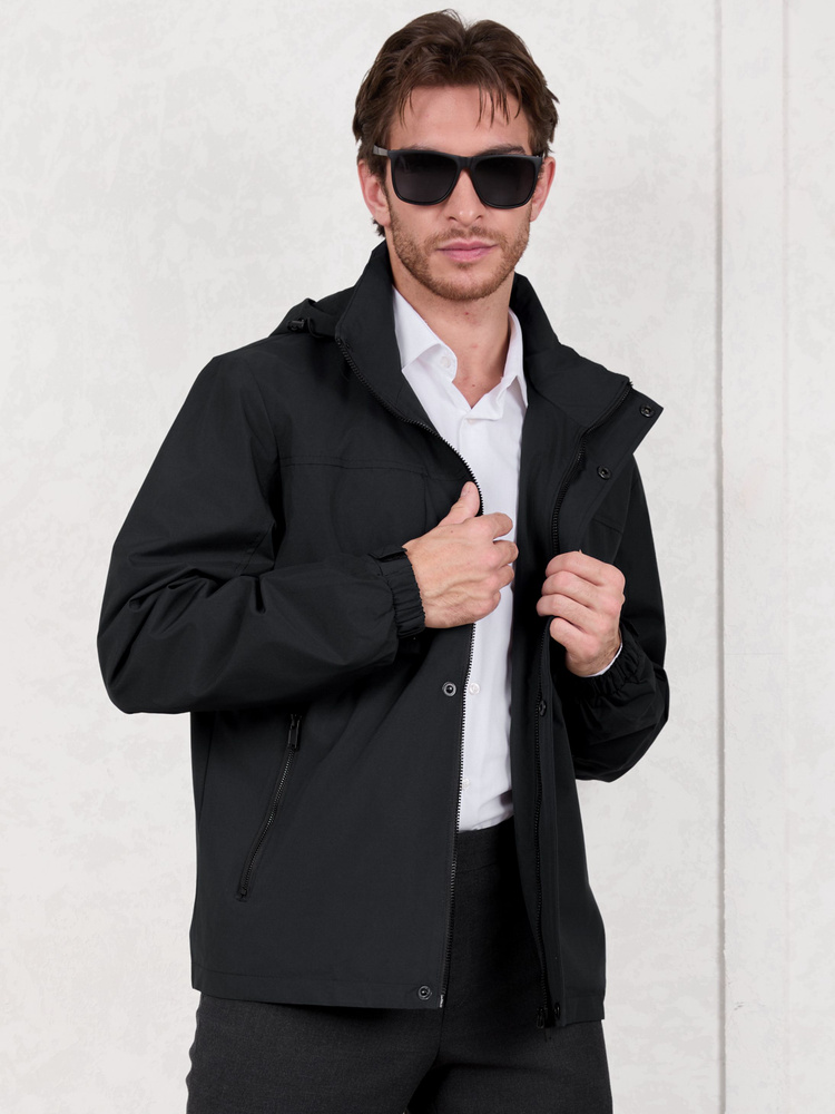 Ветровка Мужской KINGSO MENS Карманы черный капюшон Полиэстер, размер 54 Длинный Демисезон ...