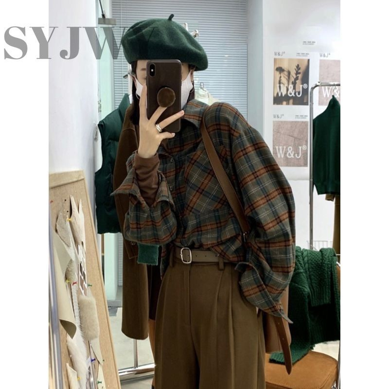 Рубашка Женский SYJWY зелено-серый, галапагосский зеленый Длинный Хлопок, Политекс Пряжки Клетка ...