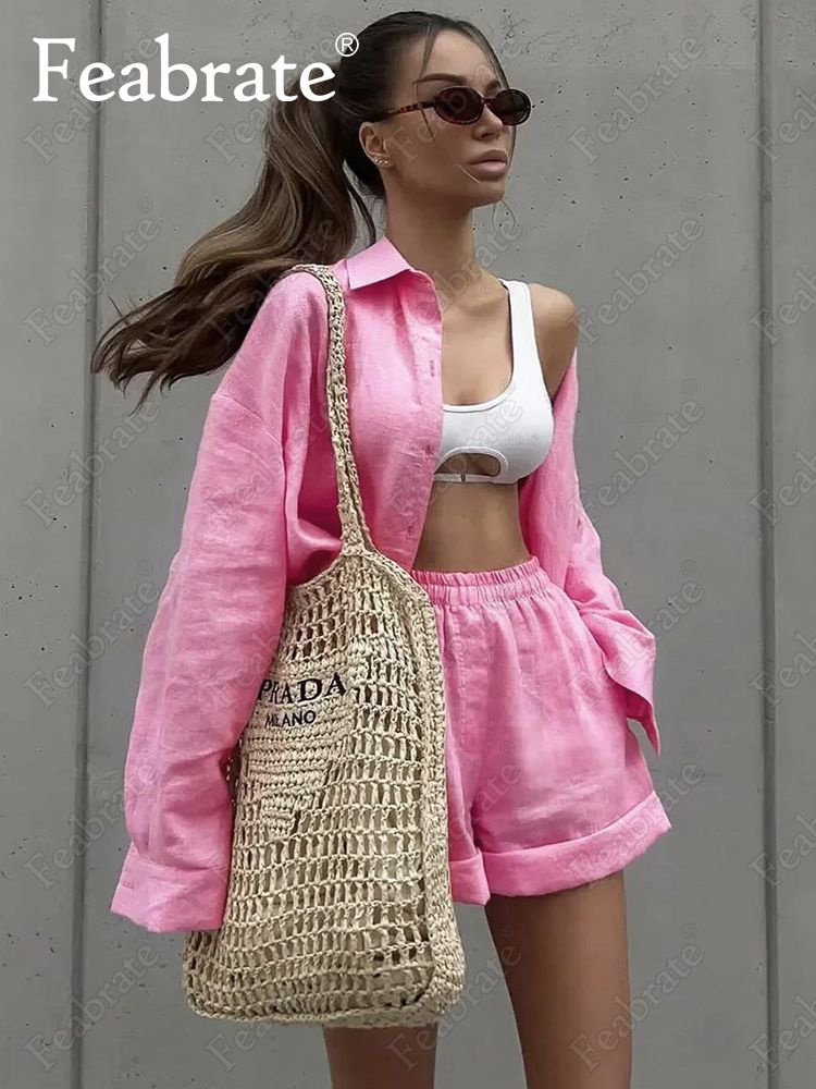 Комплект одежды Женский Feabrate Повседневный с шортами розовый, размер 48 Хлопок, Полиэстер ...