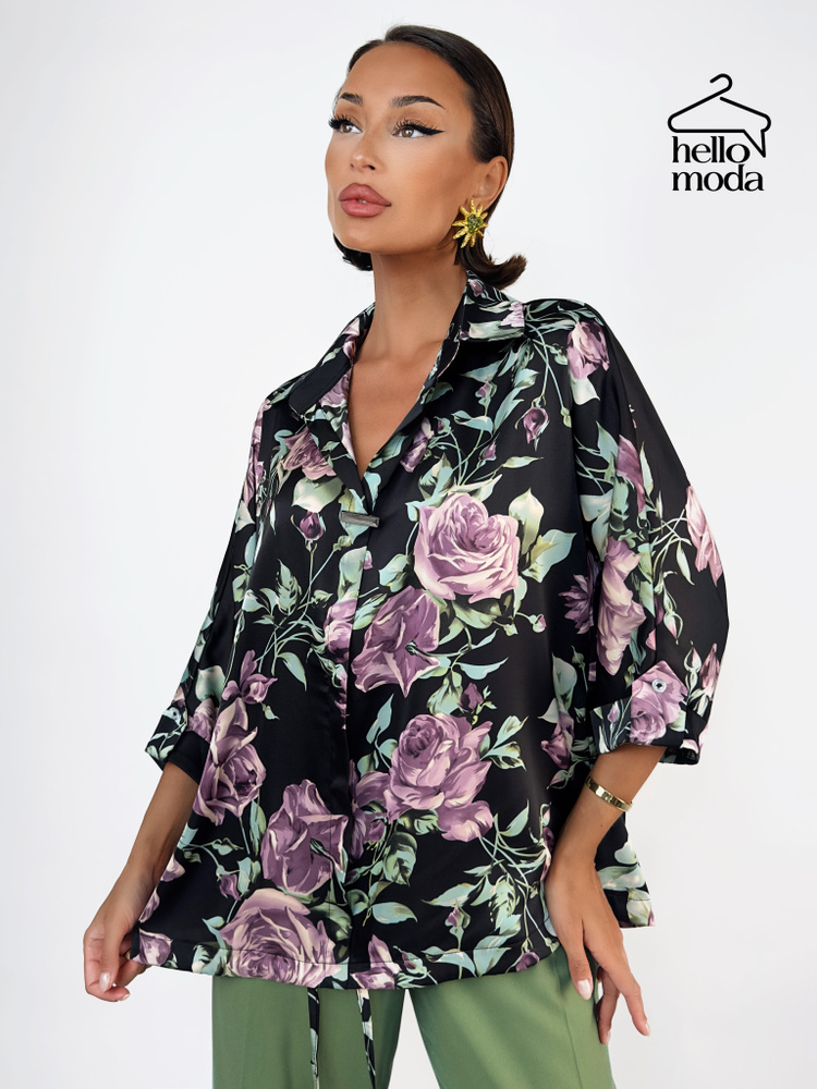 Блузка Женский HELLO MODA! черный, сиреневый Полиэстер Три четверти Цветочный, размер 48 Шнурок ...