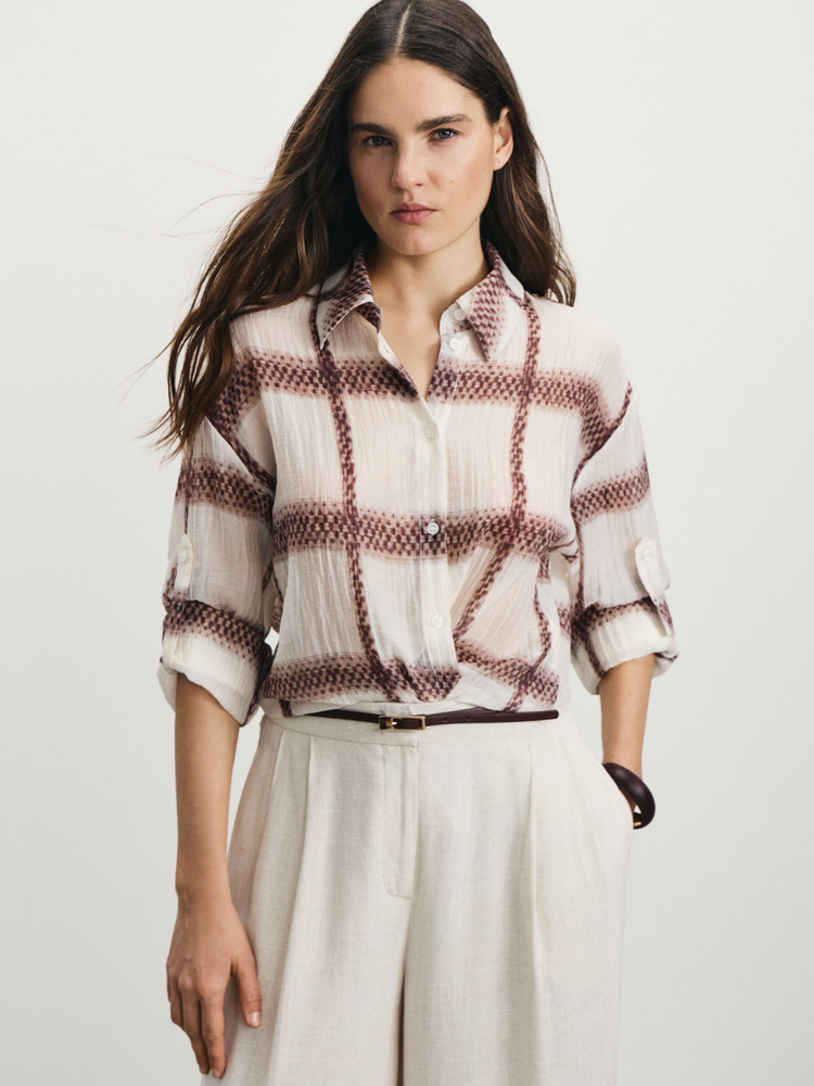 Блузка Женский Zarina бежевый Полиамид, Тенсель Длинный Однотонный, размер 48 свободный Пуговицы ...