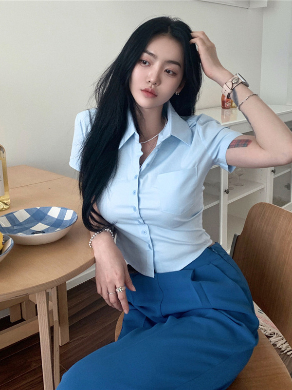 Рубашка Женский SYJYW синий Короткий Политекс Карманы Однотонный, размер 46 приталенный Пуговицы ...