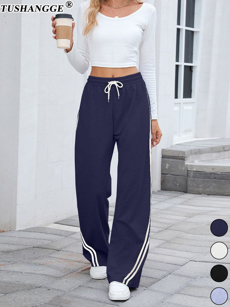 Брюки Женский TUSHANGGE прямые темно-синий Полиэстер Повседневный, размер 50, 52 Шнуровка ...