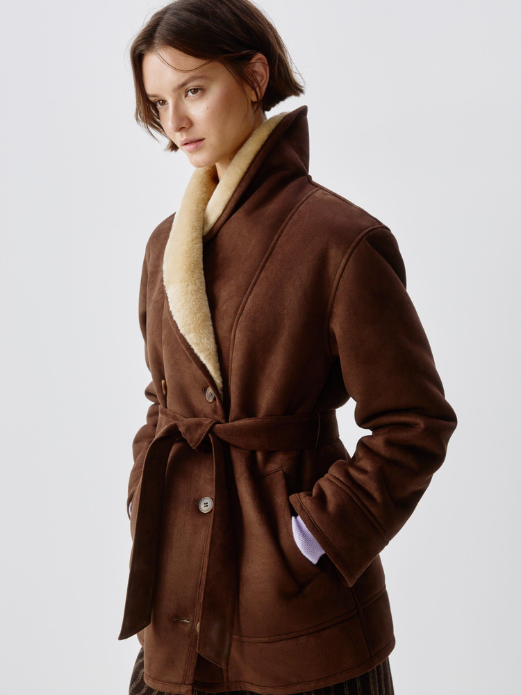 Дубленка искусственная Женский SELA коричневый, размер 48 Зима прямой Китай купить c доставкой ...