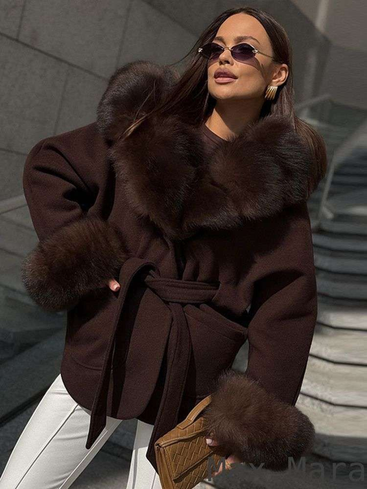 Пальто Женский Max Mara Перья, Манжеты коричневый с отворотом Политекс Длинный Полиэстер, размер ...