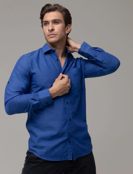 Рубашка Мужской Brostem синий Длинный Лён, Хлопок Однотонный, размер 52 полуприталенный Пуговицы ...