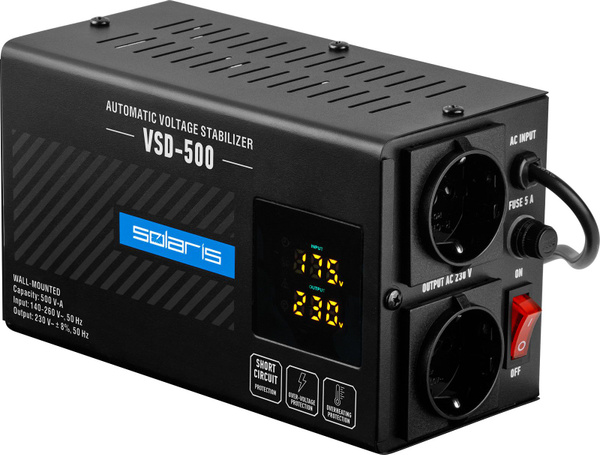 Стабилизатор напряжения Solaris VSD-500 (500 В*А; 140-260 В; 2 розетки ...