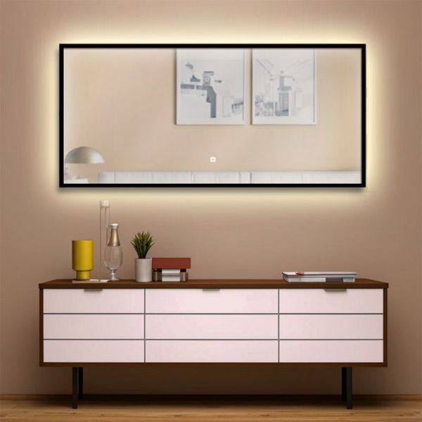 Зеркало настенное с подсветкой в чёрной алюминиевой раме Alias Квартал 70*170, тёплый свет ...