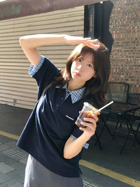 Поло Женский Miu Miu темно синий Короткий размер 46 Хлопок Логотип облегающий Повседневный