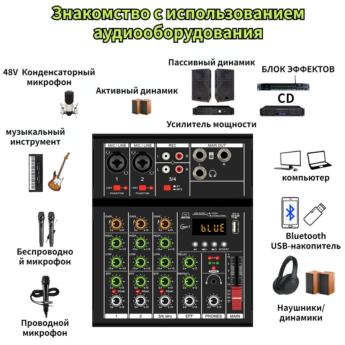 4-канальный Профессиональный микшерный пульт,GAX-A4 Bluetooth 48V ...