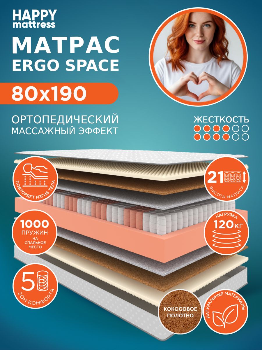 Матрас HAPPY MATTRESS ERGO SPACE, Независимые пружины, 80x190 см купить ...