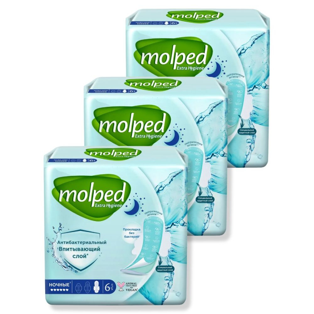 Прокладки ночные с крылышками Molped Antibacterial Extra Long 6 капель ...