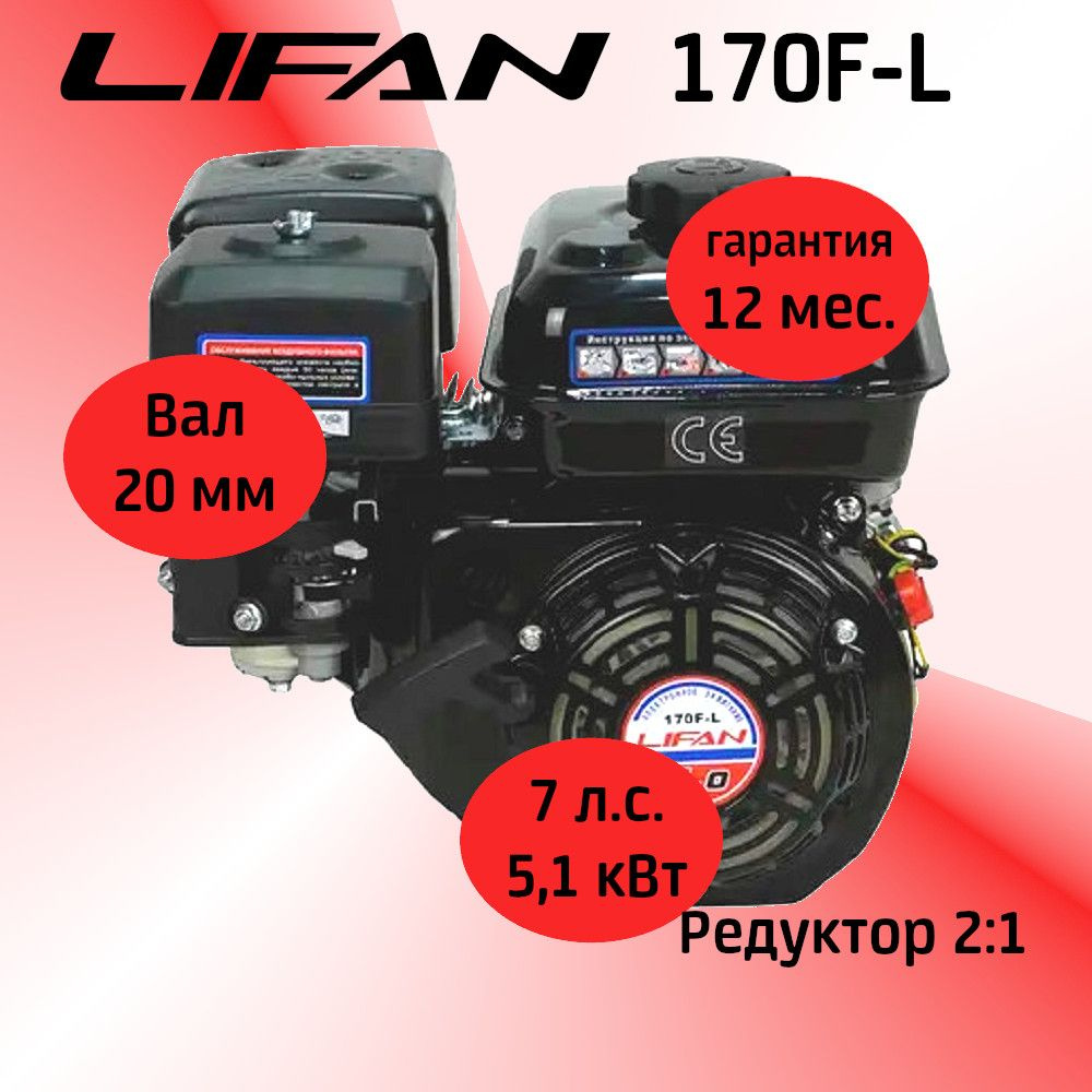 Двигатель LIFAN 7,0 л.с. 170F-L c цепным понижающим редуктором 2:1, вал ...