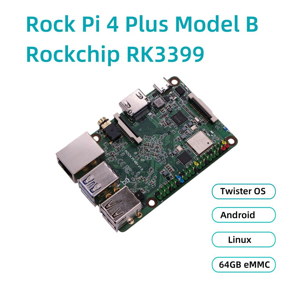 Rock Pi 4 Plus Model B Rockchip RK3399 4 ГБ, Одноплатный компьютер eMMC с 64 ГБ флэш-памяти ...