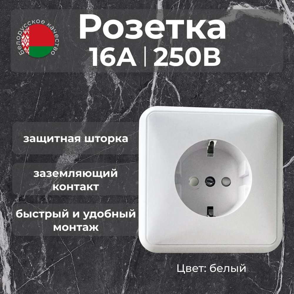 Розетка белая РС 16-031 ABS со шторкой скрытой установки с заземляющим ...
