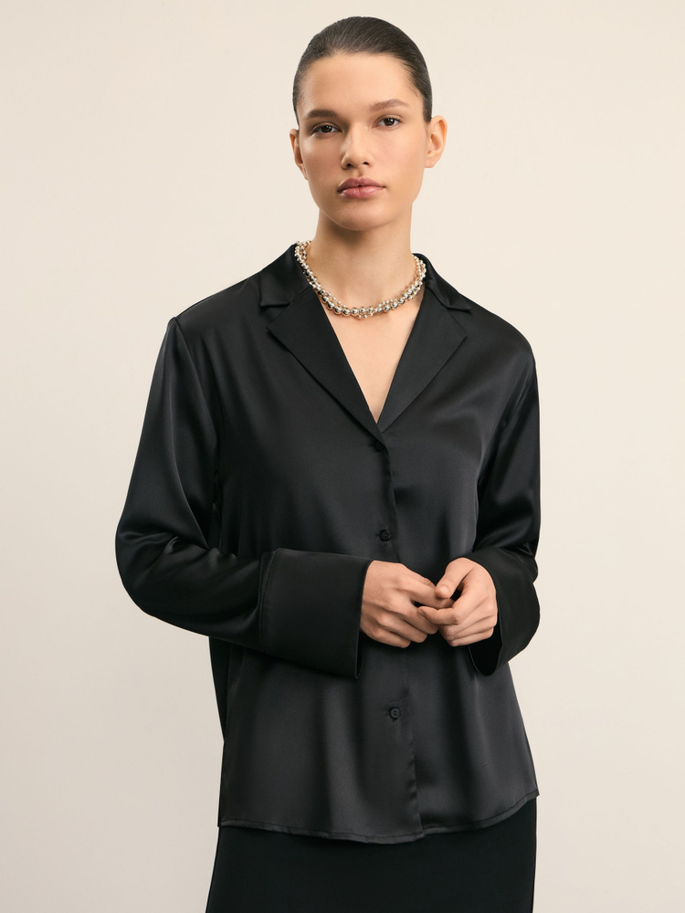 Блузка Женский Zarina черный Полиэстер, Эластан Длинный Однотонный, размер 46 прямой Пуговицы ...