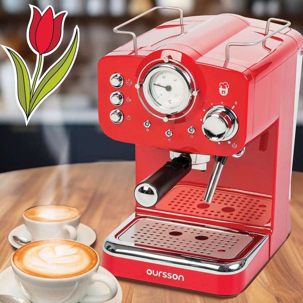 Кофеварка рожкового типа Oursson EM1510/RD, красная с подогревом и вспениванием молока. купить ...