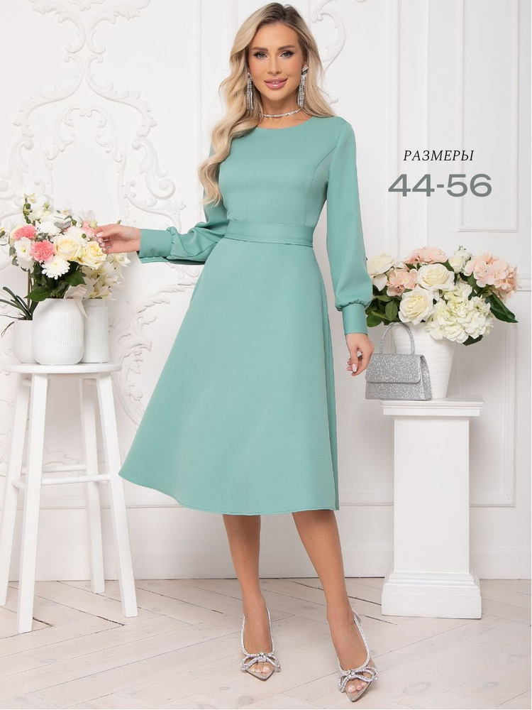 Платье Женский BELLMELODY ментол Вечерний/праздничный Длинный Текстиль Пояс/ремень, Манжеты ...