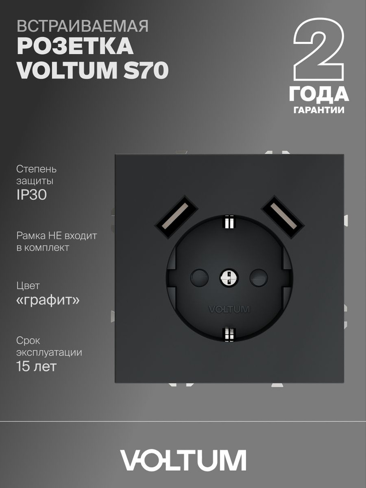 Розетка встраиваемая с заземлением и защитными шторками Voltum 16А с USB A+A цвет графит купить ...